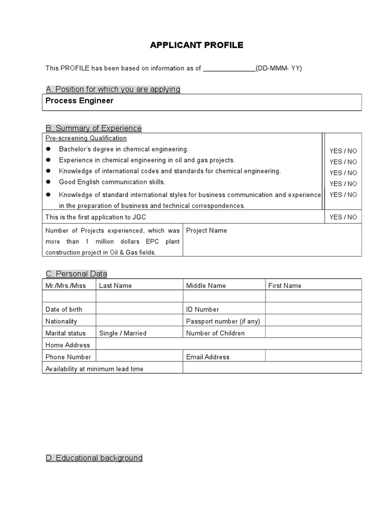 Applicant Profile: A. Position For Which You Are Applying | PDF ...