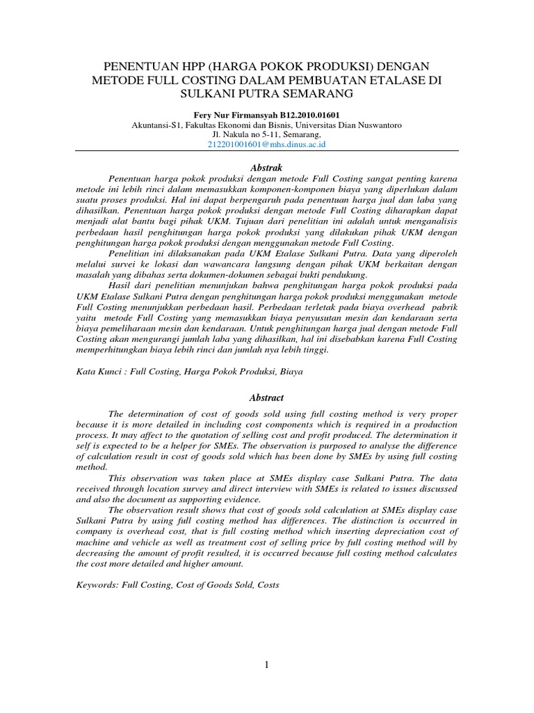 Penentuan HPP (Harga Pokok Produksi) Dengan Metode Full Costing Dalam Pembuatan Etalase Di ...