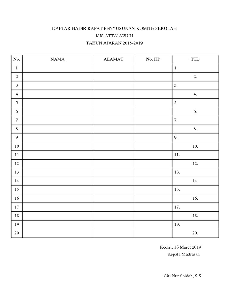 Daftar Hadir Rapat Penyusunan Komite Sekolah | PDF