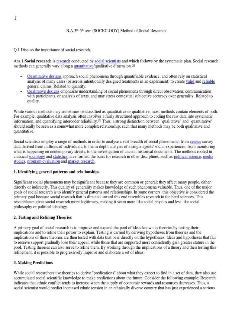 B.A 3rd 6th Sem (SOCIOLOGY) Method of Social Research | PDF ...