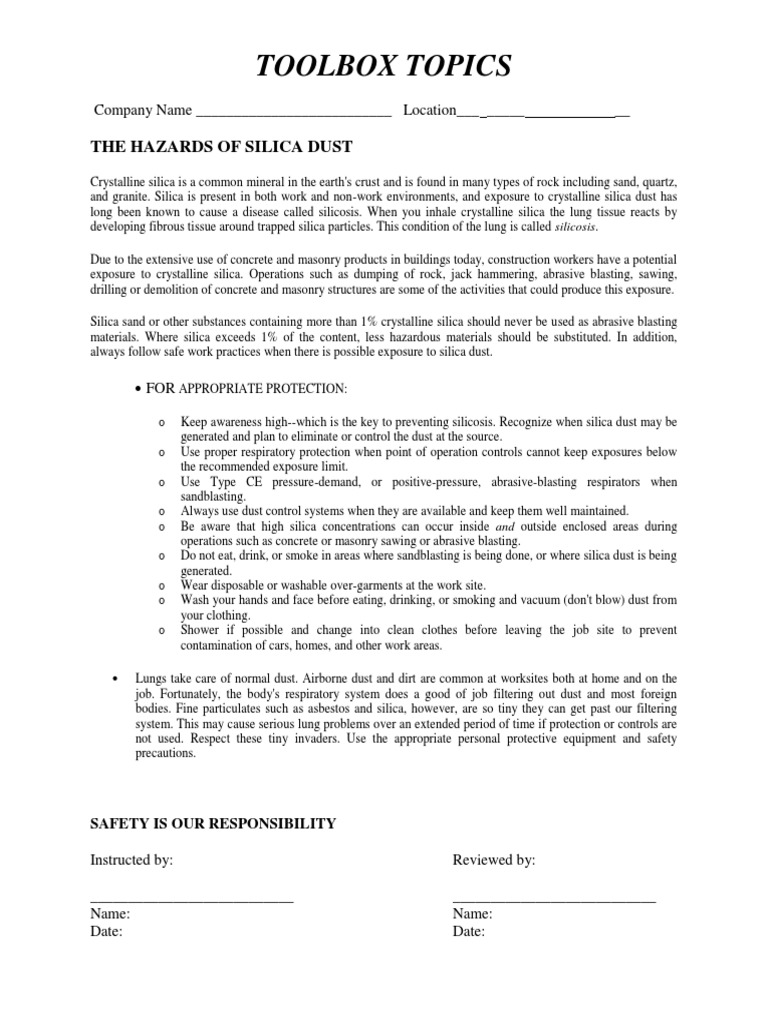 Toolbox Talk: The Hazards of Silica Dust | PDF | Silicon Dioxide | Dust