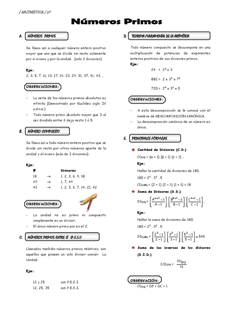 IV Bim - ARIT. - 5to. Año - Guía 4 - Números Primos | PDF | Número primo | Matemática Elemental