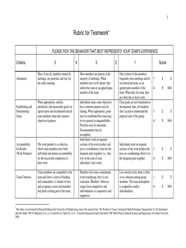 Rubric For Teamwork : Please Pick The Behavior That Best Represents ...