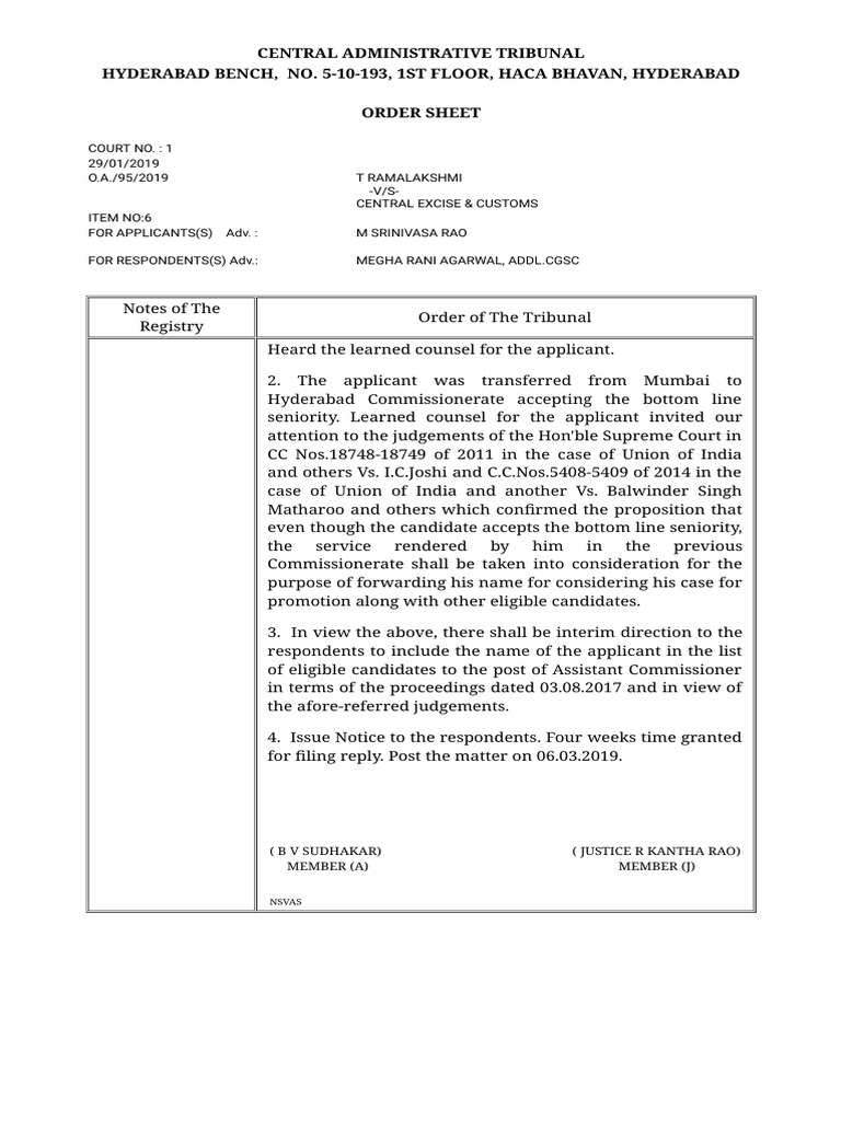 Central Administrative Tribunal Hyderabad Bench, No. 5-10-193, 1St ...