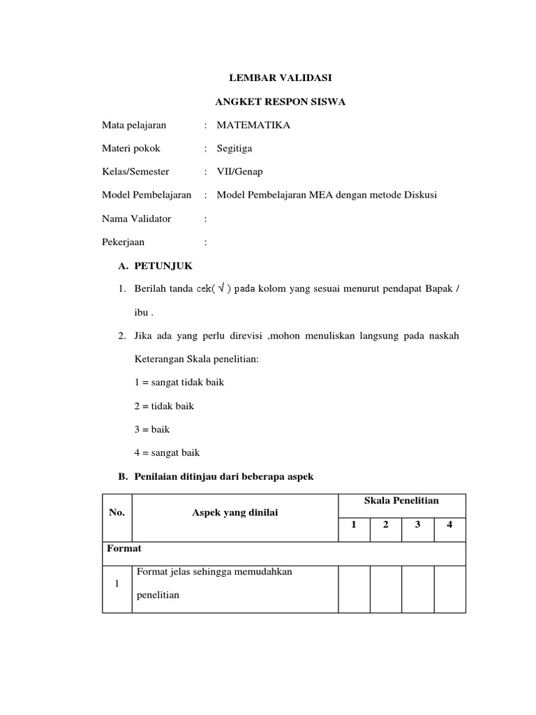 Lembar Validasi Angket Respon Siswa | PDF
