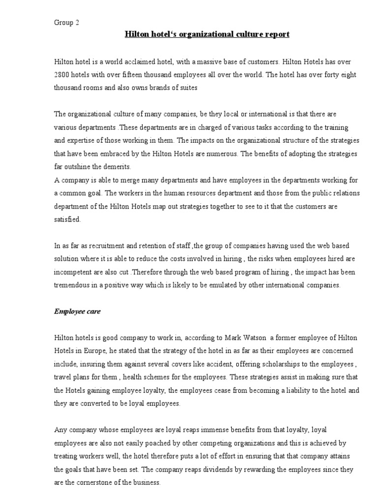 Hilton Hotels Organizational Culture Report | PDF | Organizational ...