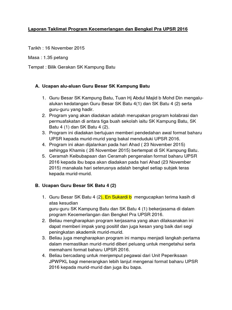Laporan Taklimat Program Kecemerlangan Dan Bengkel Pra UPSR 2016 | PDF