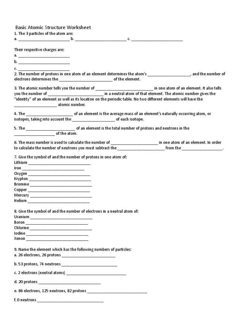 Basic Atomic Structure Worksheet | PDF | Chemical Elements | Atoms
