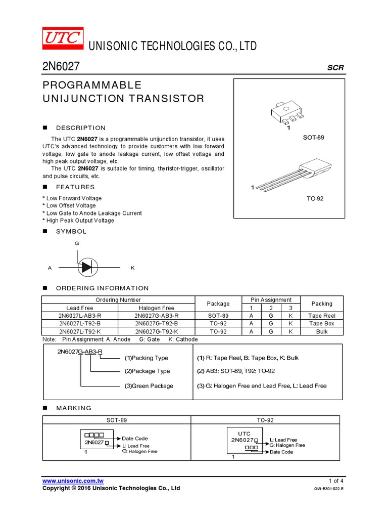 Unisonic Technologies Co., LTD: Programmable Unijunction Transistor | PDF | Electronics ...