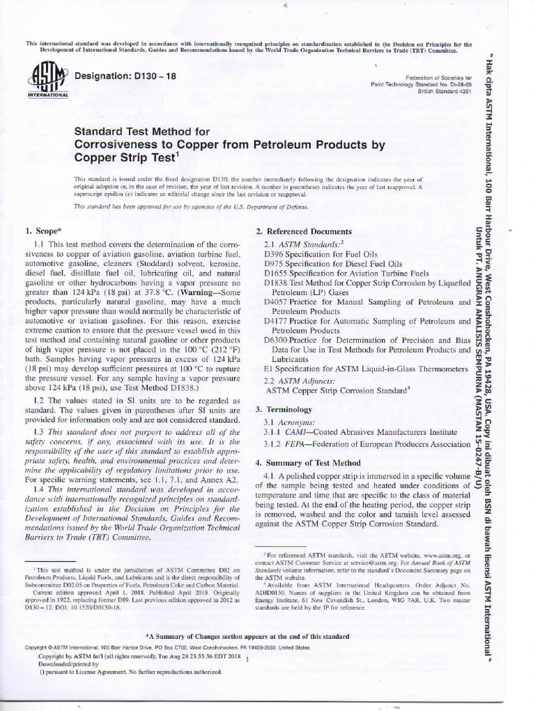 ASTM D130-18 Metode Copper Strip Test For Petroleum | PDF | Copper ...