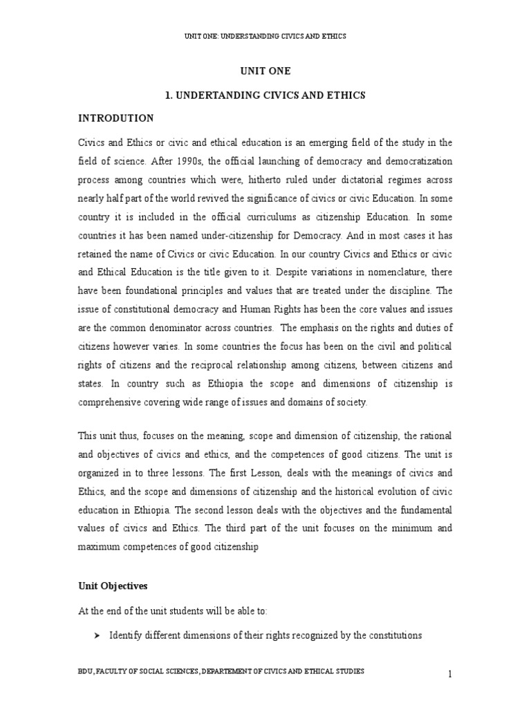Unit One: Understanding Civics and Ethics | PDF | Citizenship | Rights