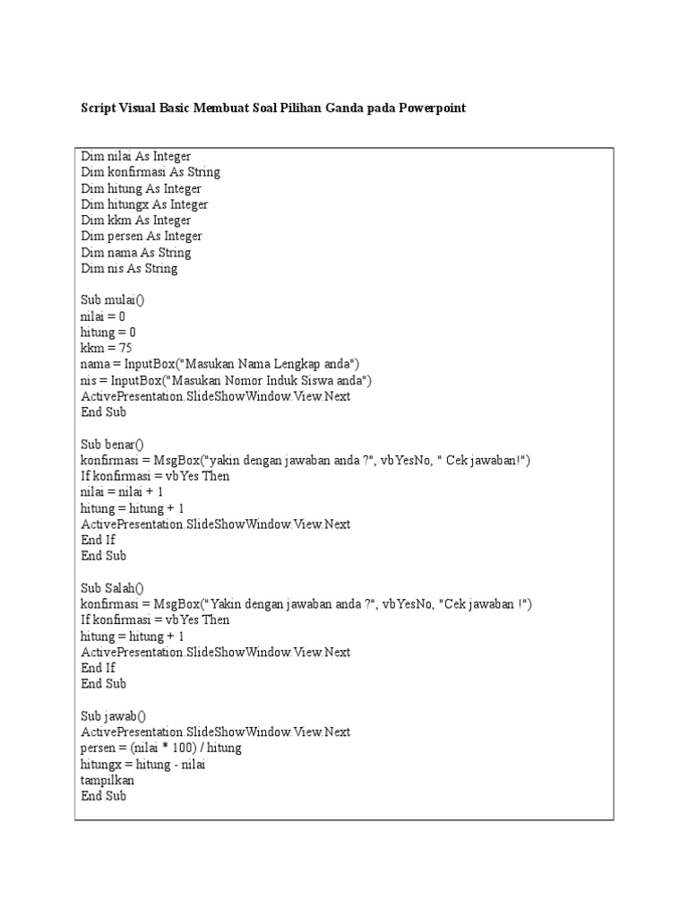 Script Visual Basic Membuat Soal Pilihan Ganda Pada Powerpoint | PDF