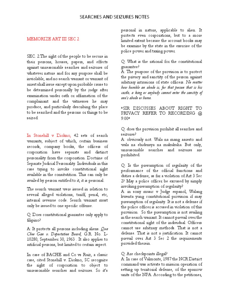 SEARCHES AND SEIZURES CASE NOTES.docx | Search And Seizure | Search Warrant