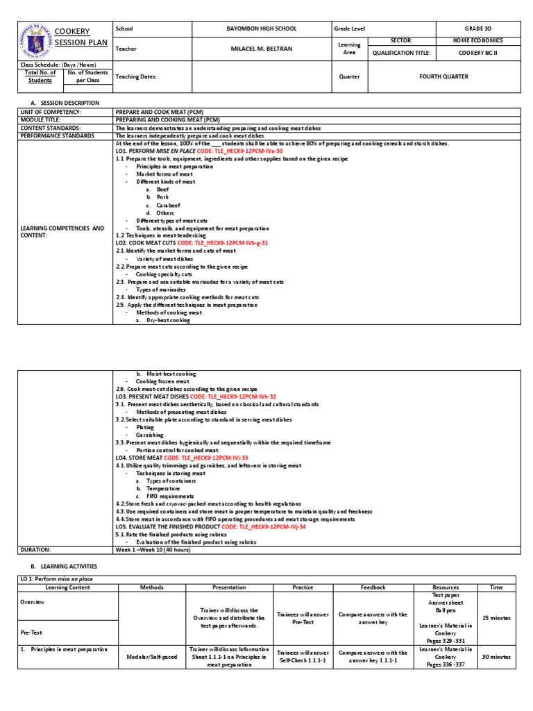 SESSION PLAN (Prepare and Cook Meat (PCM) ) | PDF | Cooking | Recipe