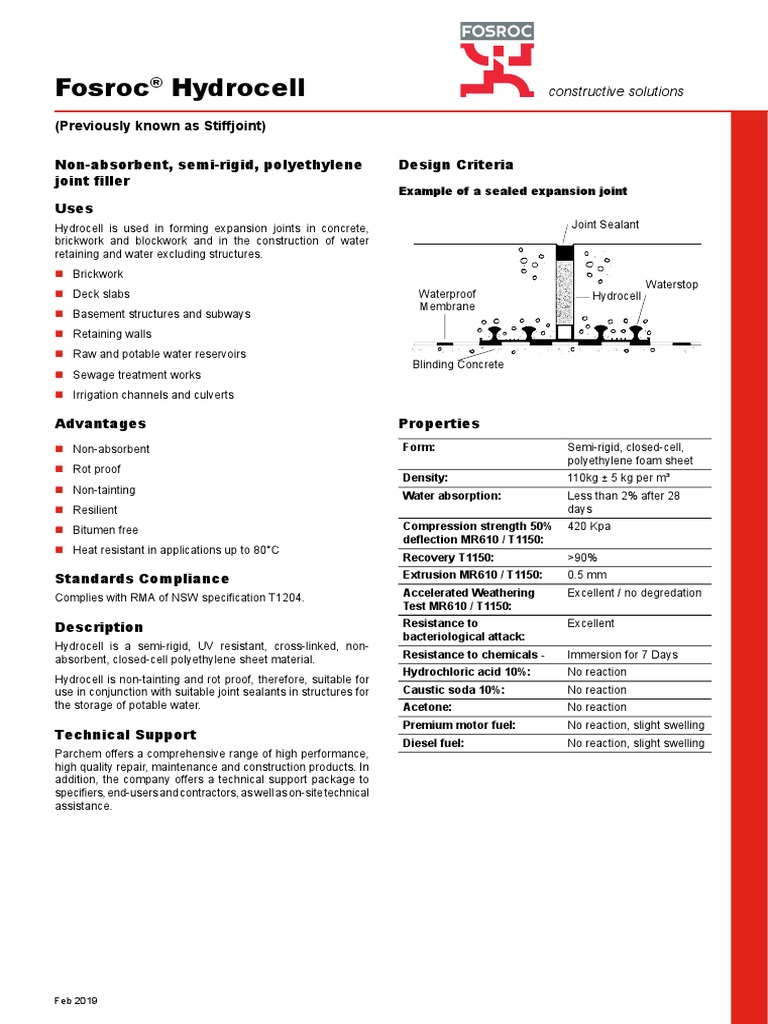 Fosroc Hydrocell TDS | Polyethylene | Concrete