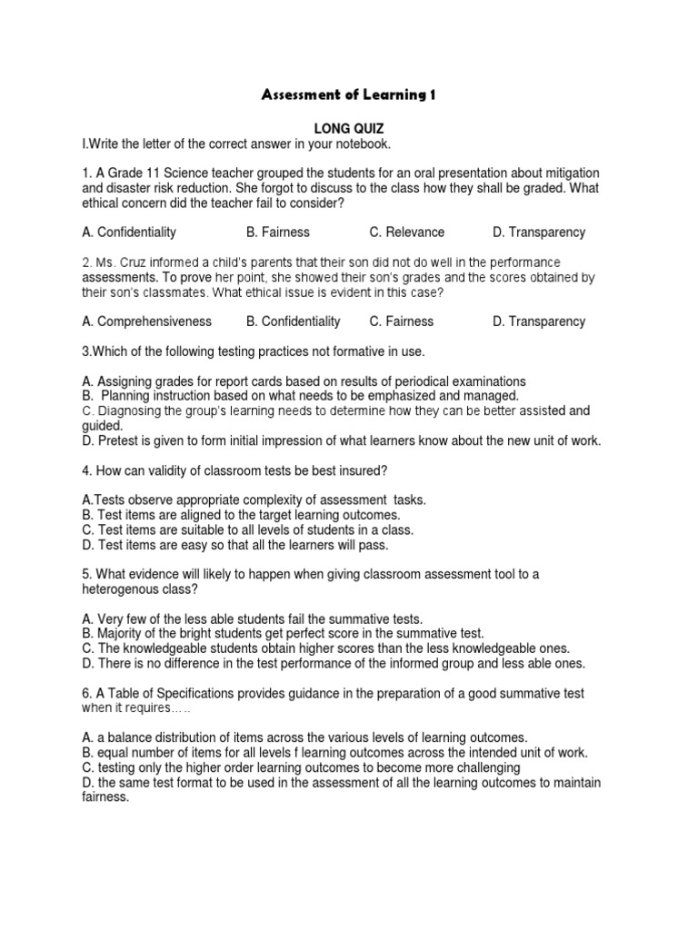 Assessment of Learning 1: Long Quiz | PDF | Educational Assessment ...
