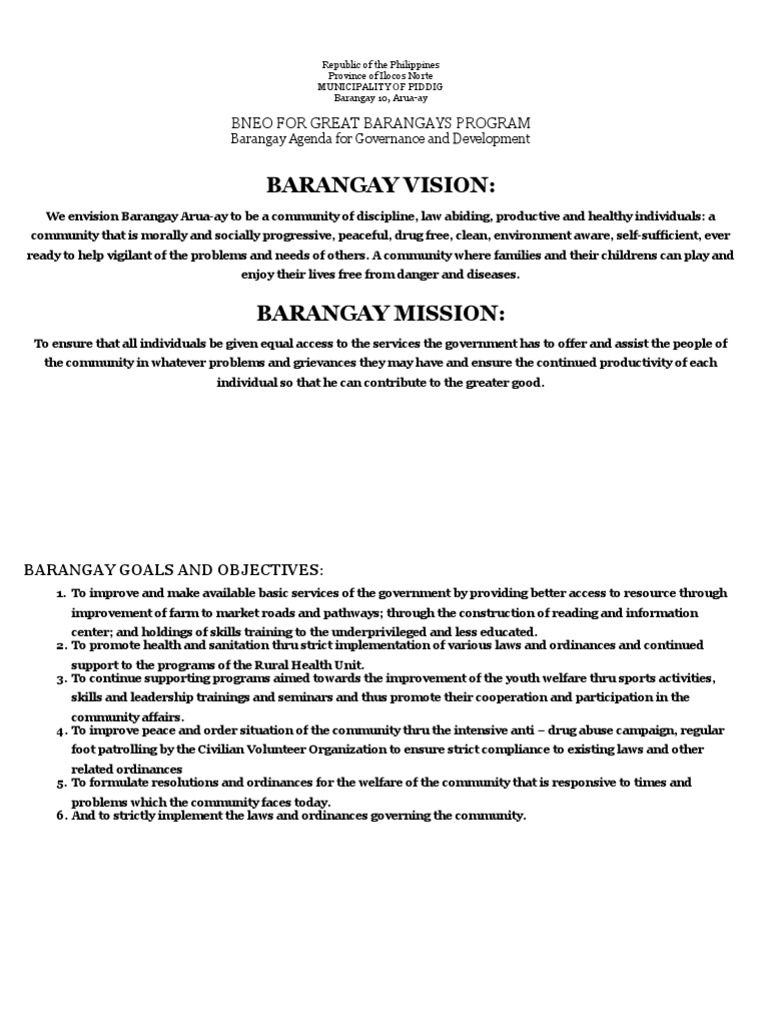 Barangay Vision:: Bneo For Great Barangays Program | PDF | Community ...