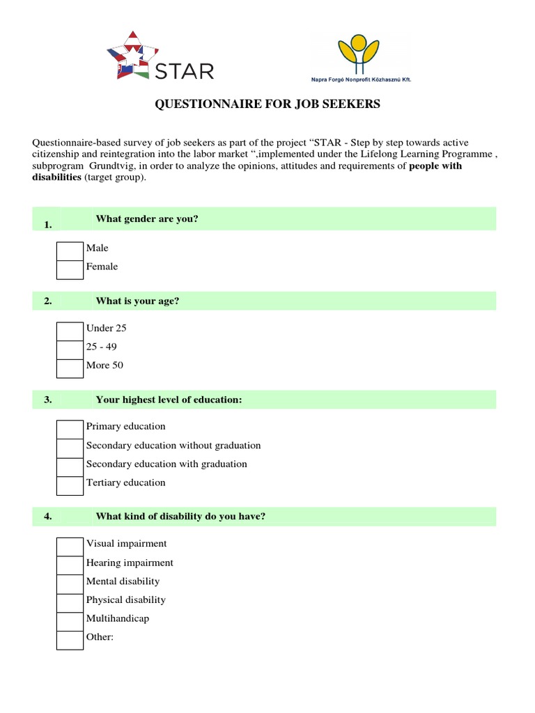 Questionnaire For Job Seekers: Disabilities (Target Group) | PDF ...