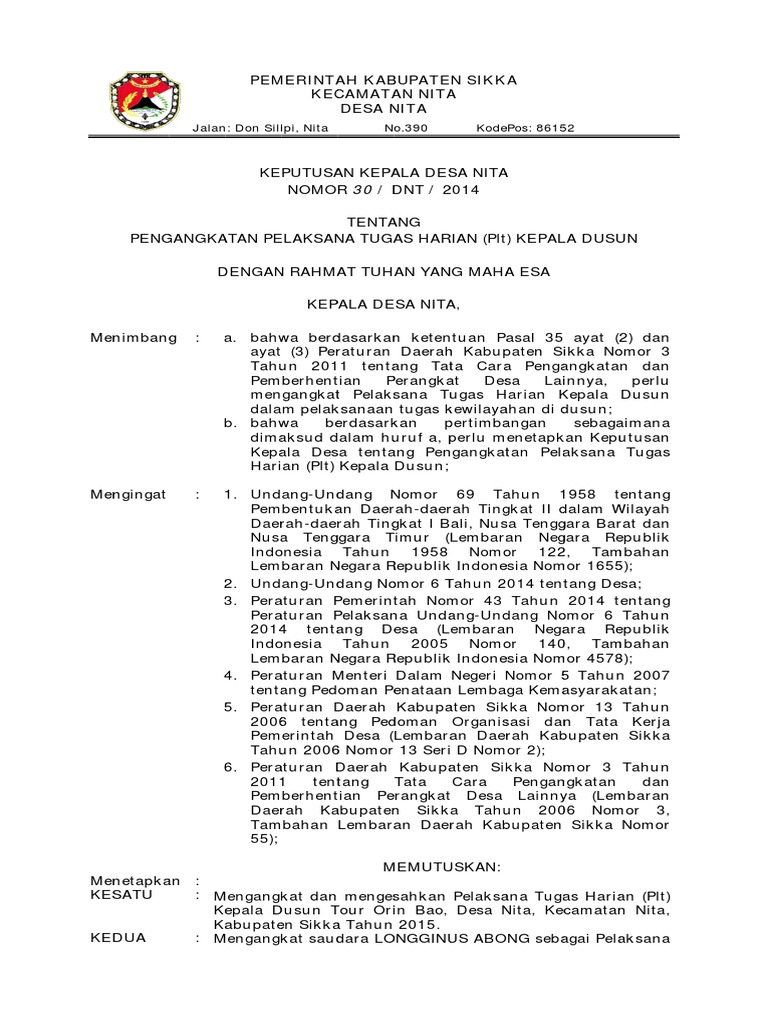 30 SK Pengangkatan Pjs Kadus Tour Orin Bao | PDF