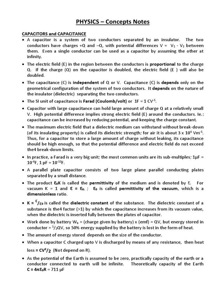 Capacitor & Current Electricity - Short Notes | PDF | Capacitor ...