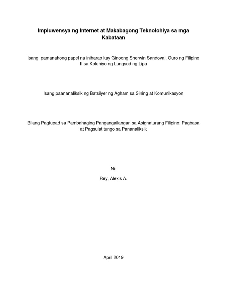 Impluwensya NG Internet at Makabagong Teknolohiya Sa Mga Kabataa1 | PDF