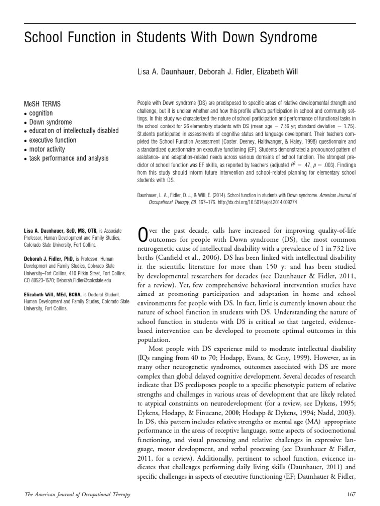 School Function in Students With Down Syndrome: Lisa A. Daunhauer ...