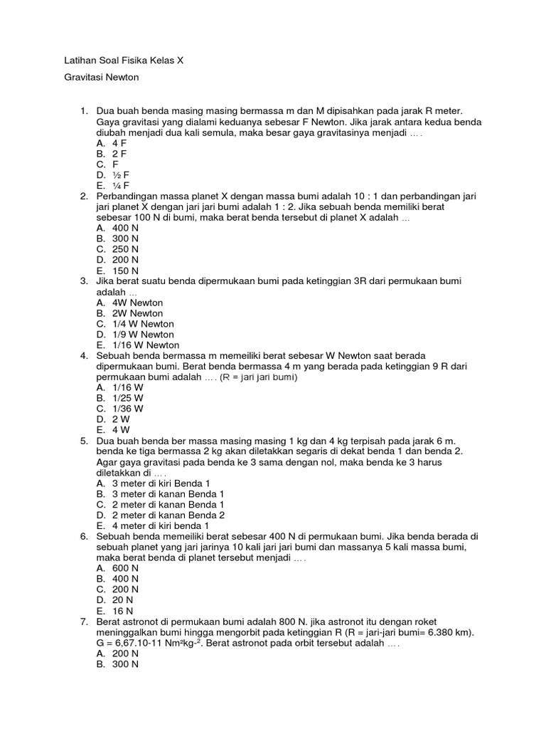 Naskah Soal Latihan Kelas X HK Gravitasi Newton | PDF