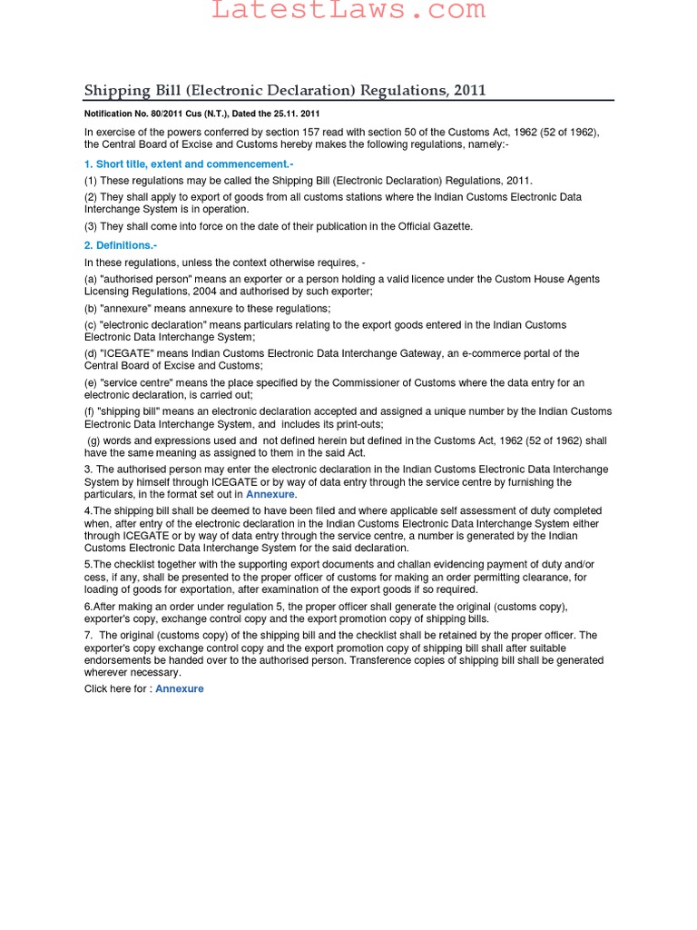 Electronic Shipping Bill Regulations 2011 | PDF | Electronic Data ...