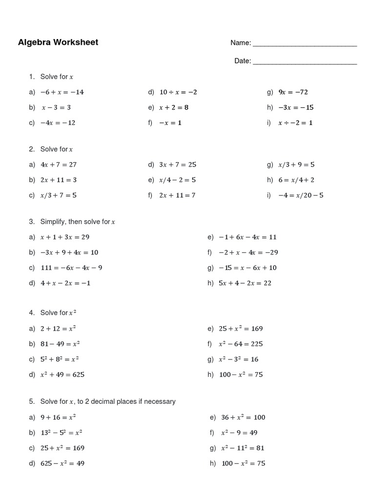 Algebra Worksheet | PDF