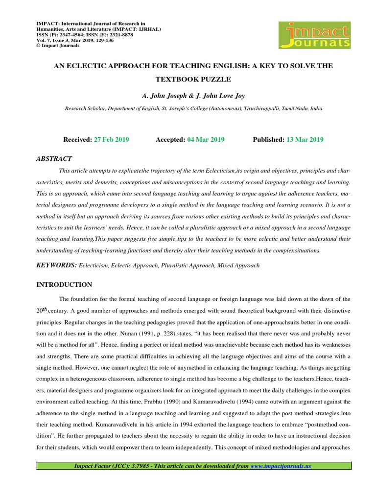 An Eclectic Approach For Teaching English A Key To Solve The Textbook ...