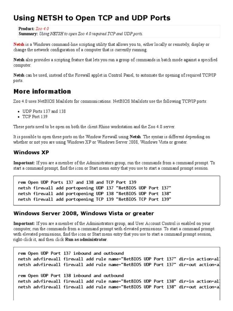 Using NETSH To Open TCP and UDP Ports (McNeel Wiki) | PDF | Port (Computer Networking ...