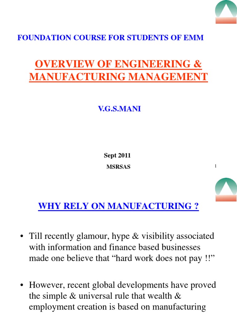 Overview of Engineering & Manufacturing Management: Foundation Course ...