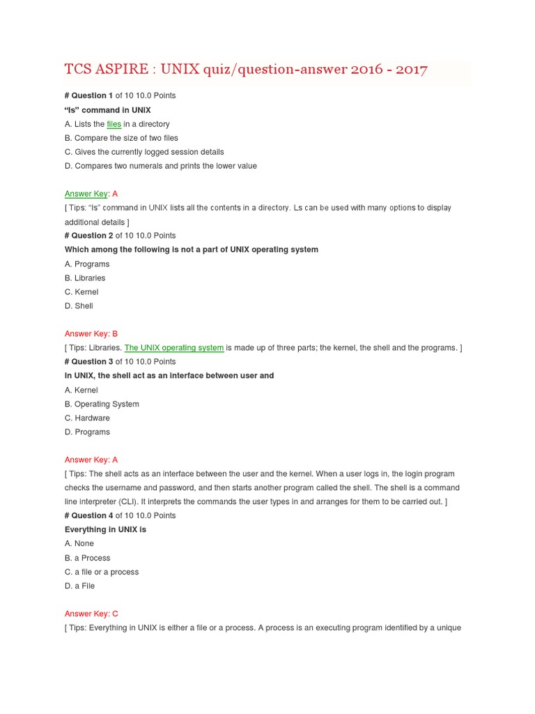 TCS ASPIRE: UNIX Quiz/question-Answer 2016 - 2017: Files | PDF | Shell (Computing) | Operating ...