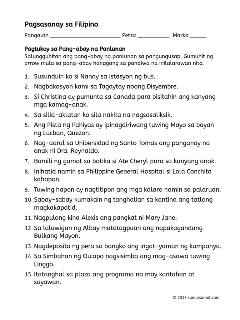 Pagtukoy Sa Pang Abay Na Panlunan - 11 PDF | PDF Pagtukoy Sa Pang Abay Na Panlunan - 11 PDF | PDF