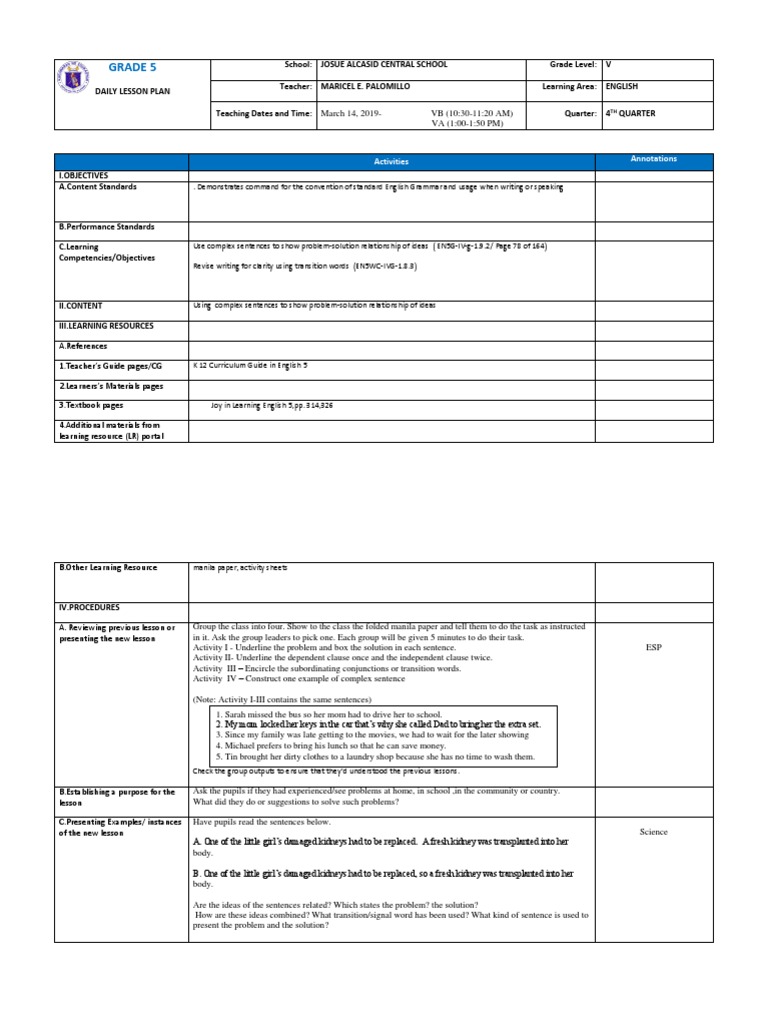 DLP Eng 5 Cot | PDF | Teachers | Sentence (Linguistics)