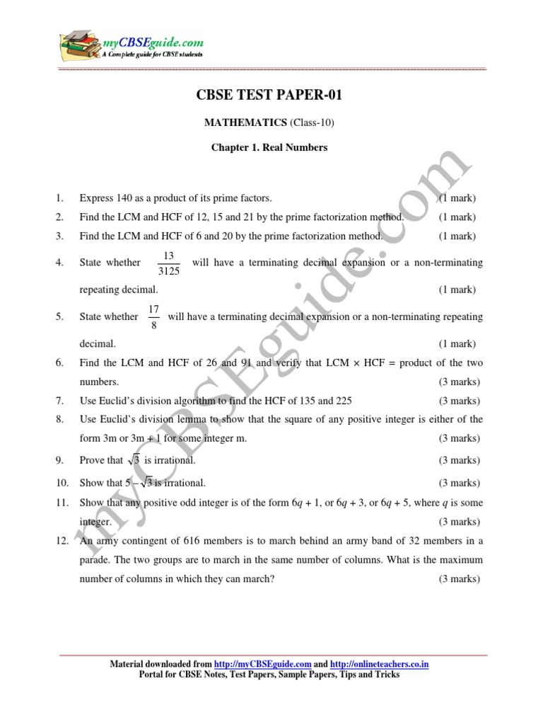 Cbse Test Paper-01: MATHEMATICS (Class-10) Chapter 1. Real Numbers | PDF