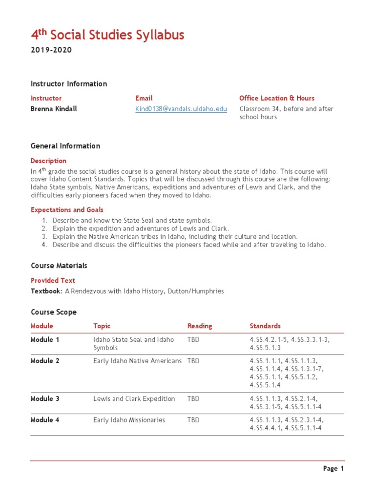 Idaho 4th Grade Social Studies Syllabus | PDF | Syllabus | Cognition