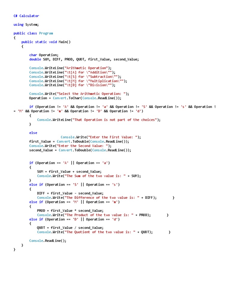 Program: C# Calculator Using Public Class Public Static Void | PDF | Teaching Mathematics ...