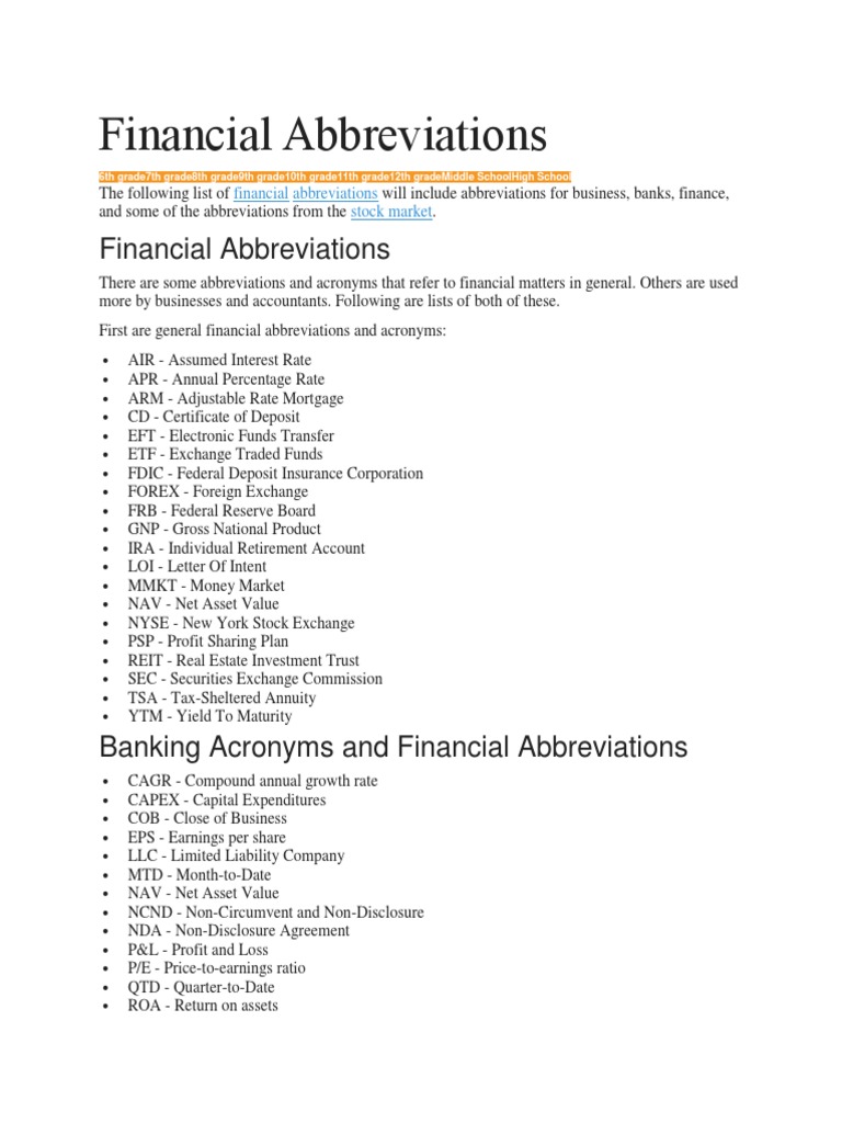 Abriviations | PDF | Nasdaq | Financial Economics