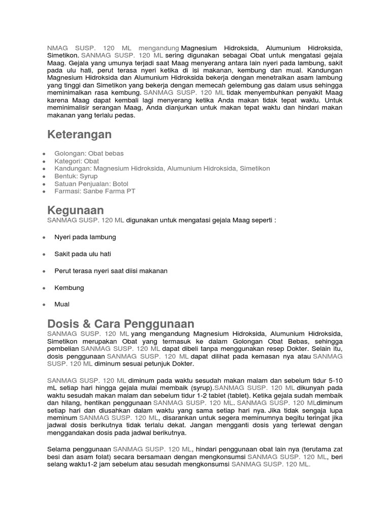 Sanmag: Obat Maag dan Dosis Penggunaan | PDF | Memasak, Makanan ...