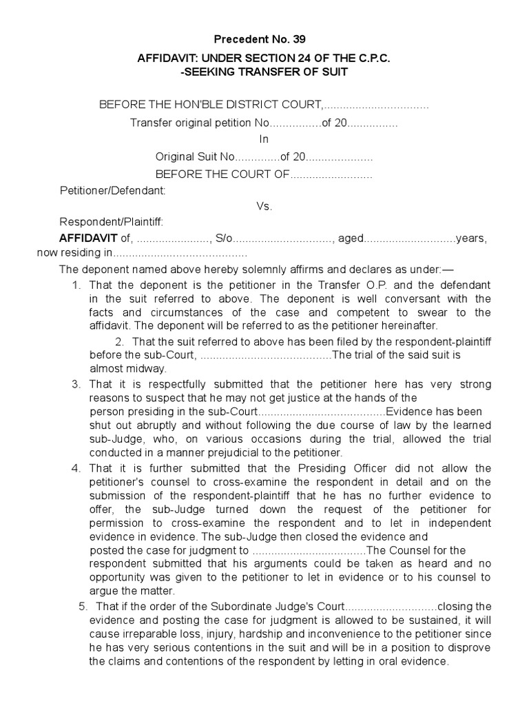 Affidavit - Under Section 24 of The C.P.C. - Seeking Transfer of Suit ...