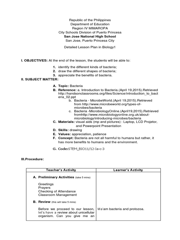 Detailed Lesson Plan in Biology | PDF | Lactobacillus | Bacteria