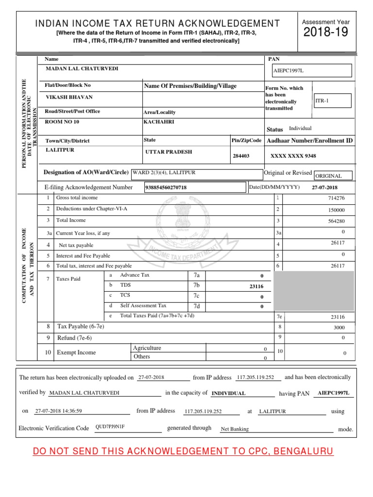 Indian Income Tax Return Acknowledgement | PDF | Income Tax In India ...