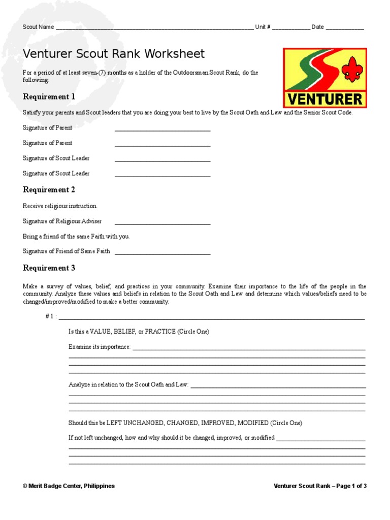 Venturer Scout Rank Worksheet: Requirement 1 | PDF | Scouting | Camping
