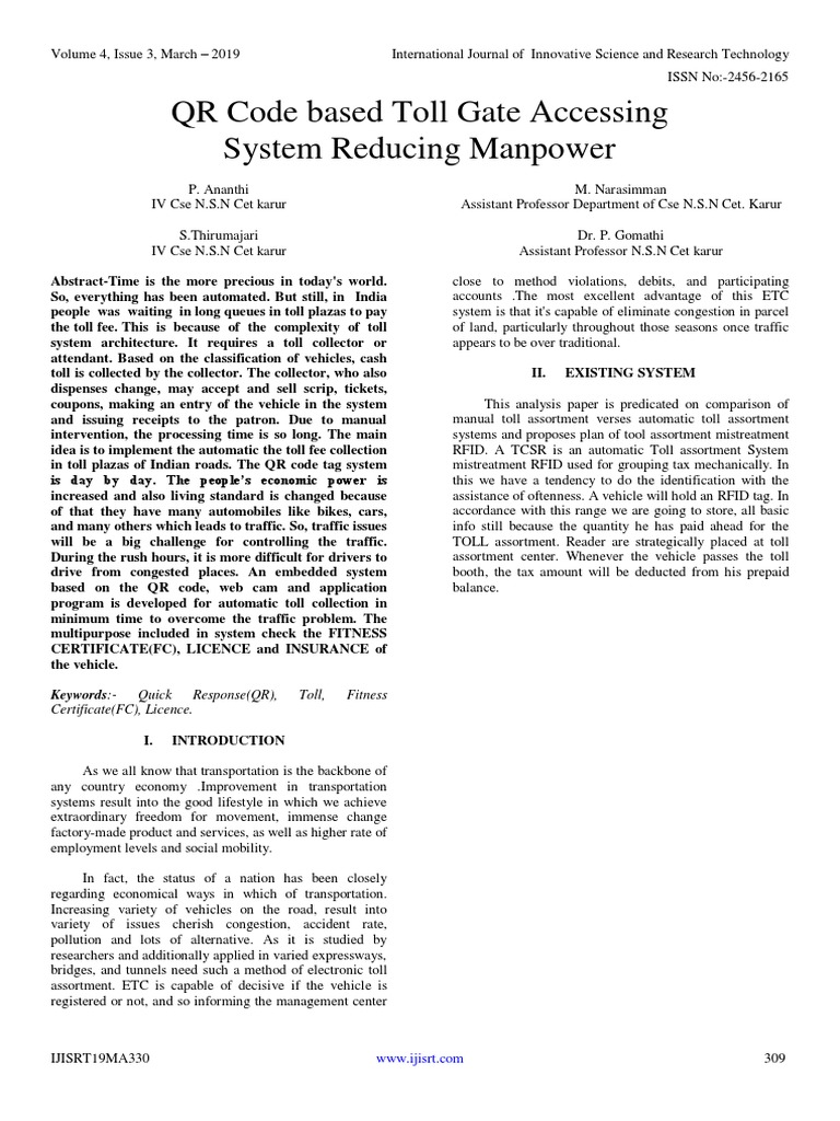QR Code Based Toll Gate Accessing System Reducing Manpower | PDF | Toll ...