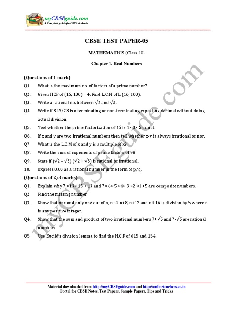 10 Mathematics Real Numbers Test 05 PDF | PDF