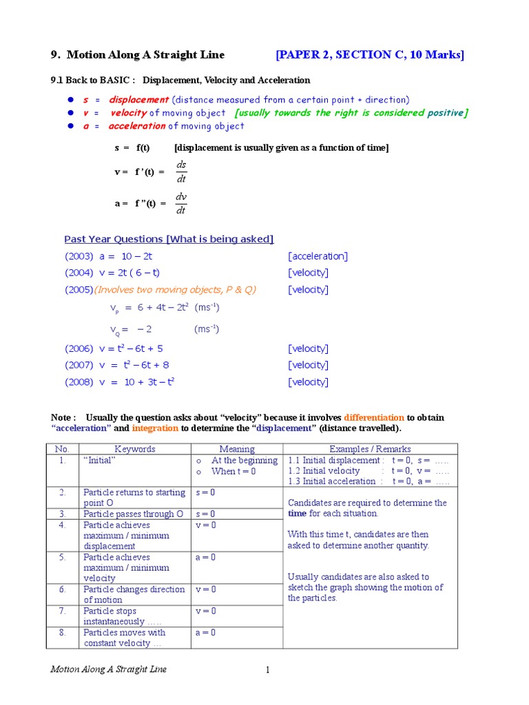 Motion Along A Straight Line | PDF | Acceleration | Displacement (Vector)