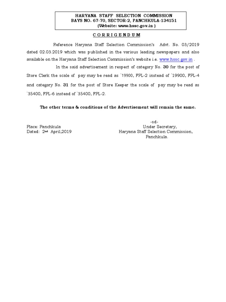 Haryana Staff Selection Commission BAYS NO. 67-70, SECTOR-2, PANCHKULA ...