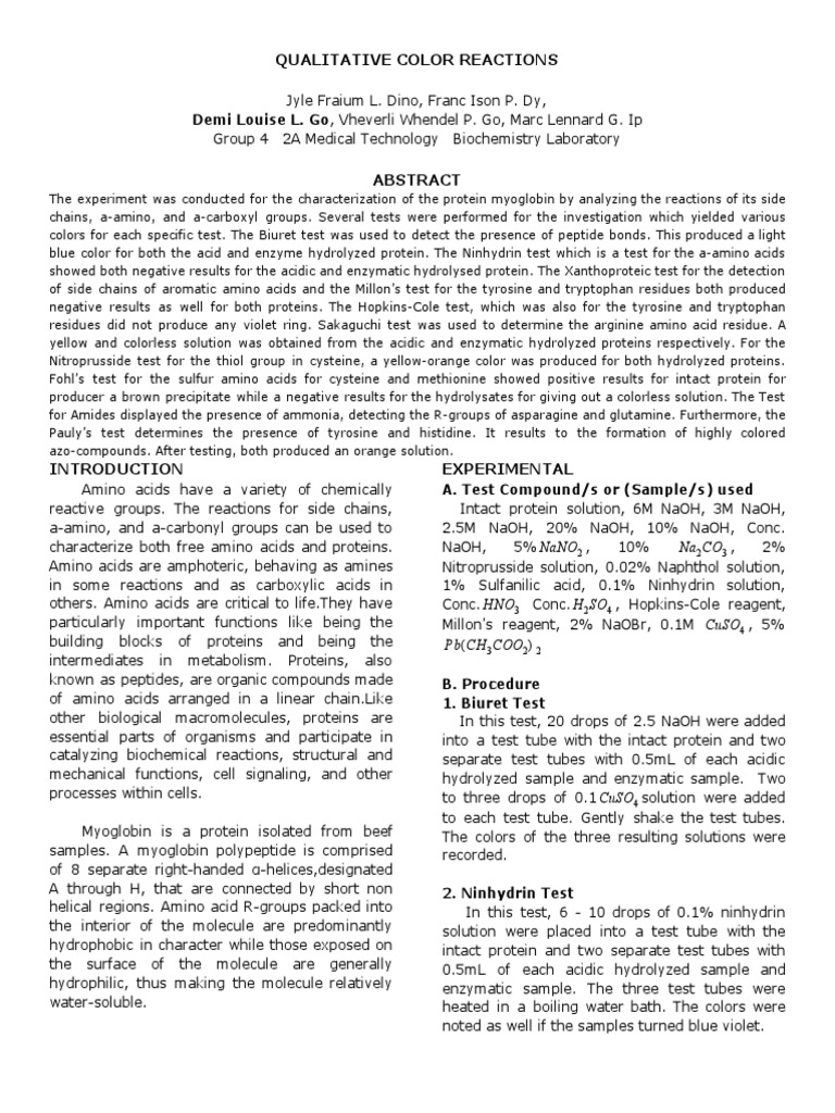 Qualitative Color Reactions of Proteins | PDF | Amine | Hydrolysis