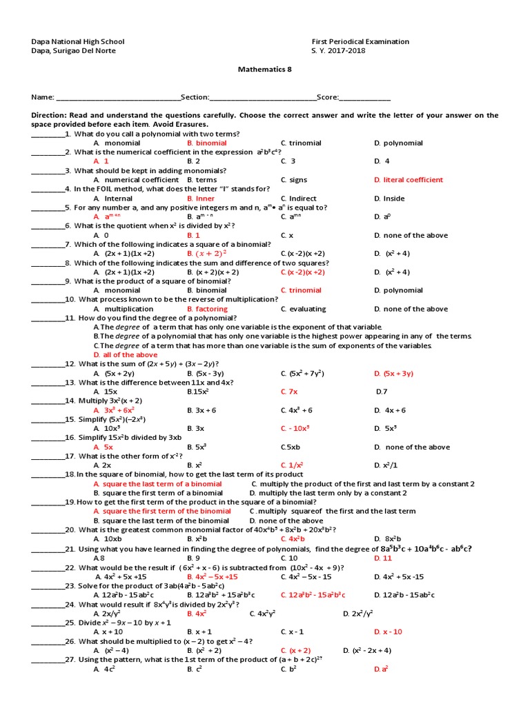 First Periodical Exam Math 8 | PDF | Division (Mathematics) | Arithmetic
